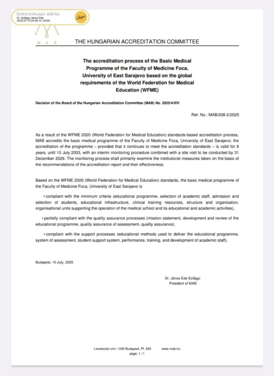 Study program Medicine at the Faculty of Medicine in Foča accredited according to WFME standards ...